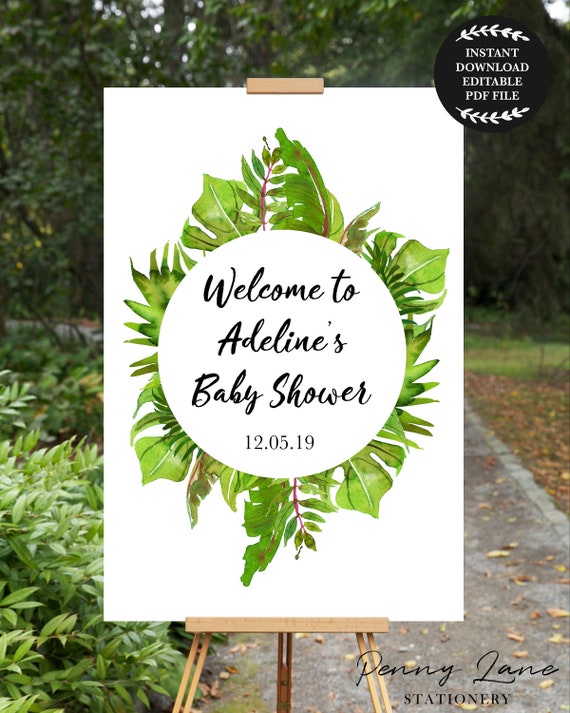 Tropical Leaves, Baby Shower Welcome Poster, Leaf Wreath, Safari, Theme ...