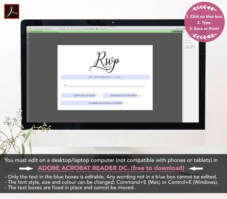 EDITABLE PDF Wedding RSVP Card Modern Cursive Stationery - Etsy