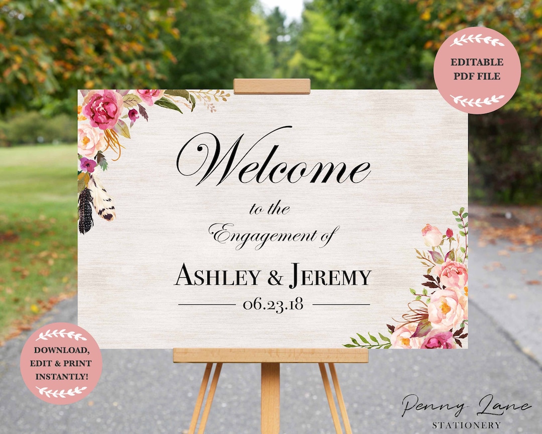 EDITABLE PDF, Boho Welcome Sign, Engagement Poster, Entrance ...