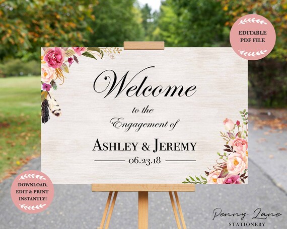 EDITABLE PDF, Boho Welcome Sign, Engagement Poster, Entrance ...