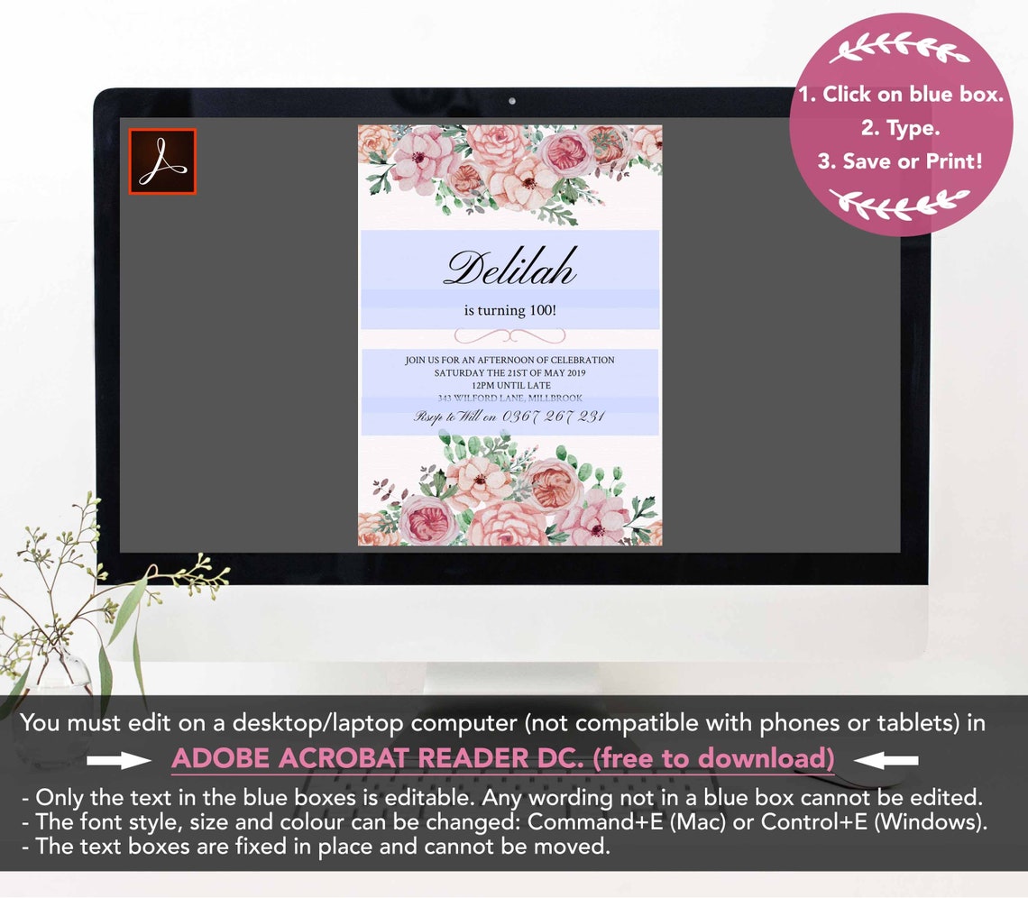 EDITABLE PDF Birthday Invite Party Invitations Vintage - Etsy