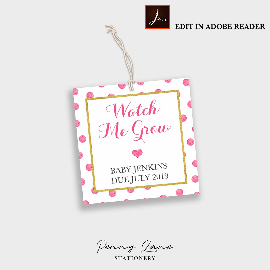 EDITABLE PDF Pink Watch Me Grow Tags Girl Baby Shower Favor - Etsy