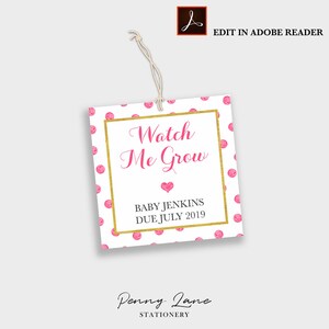 EDITABLE PDF, Pink Watch Me Grow Tags, Girl Baby Shower Favor Tags ...