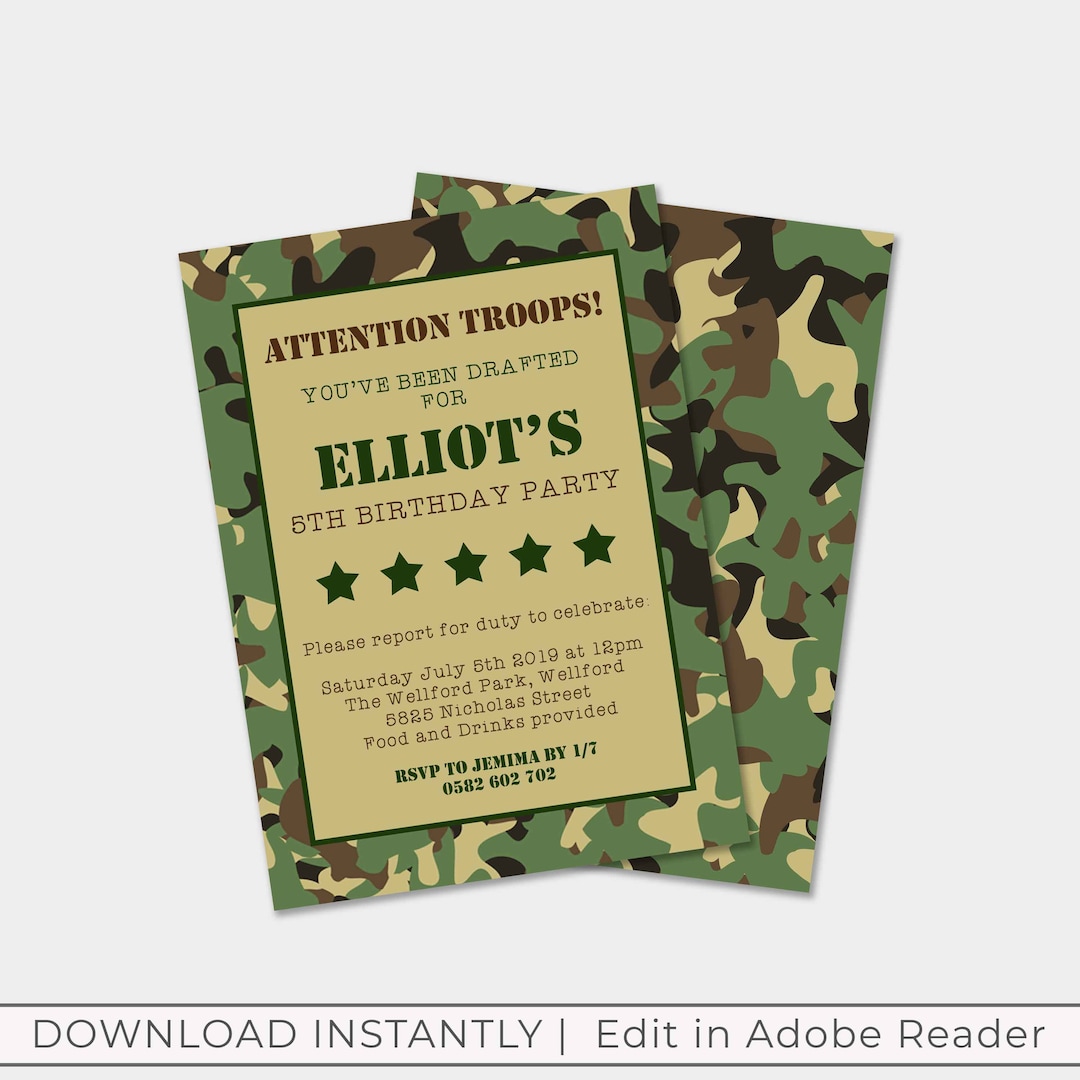 EDITABLE PDF, Army Invitation, Army Party Invites, Camo Invite ...