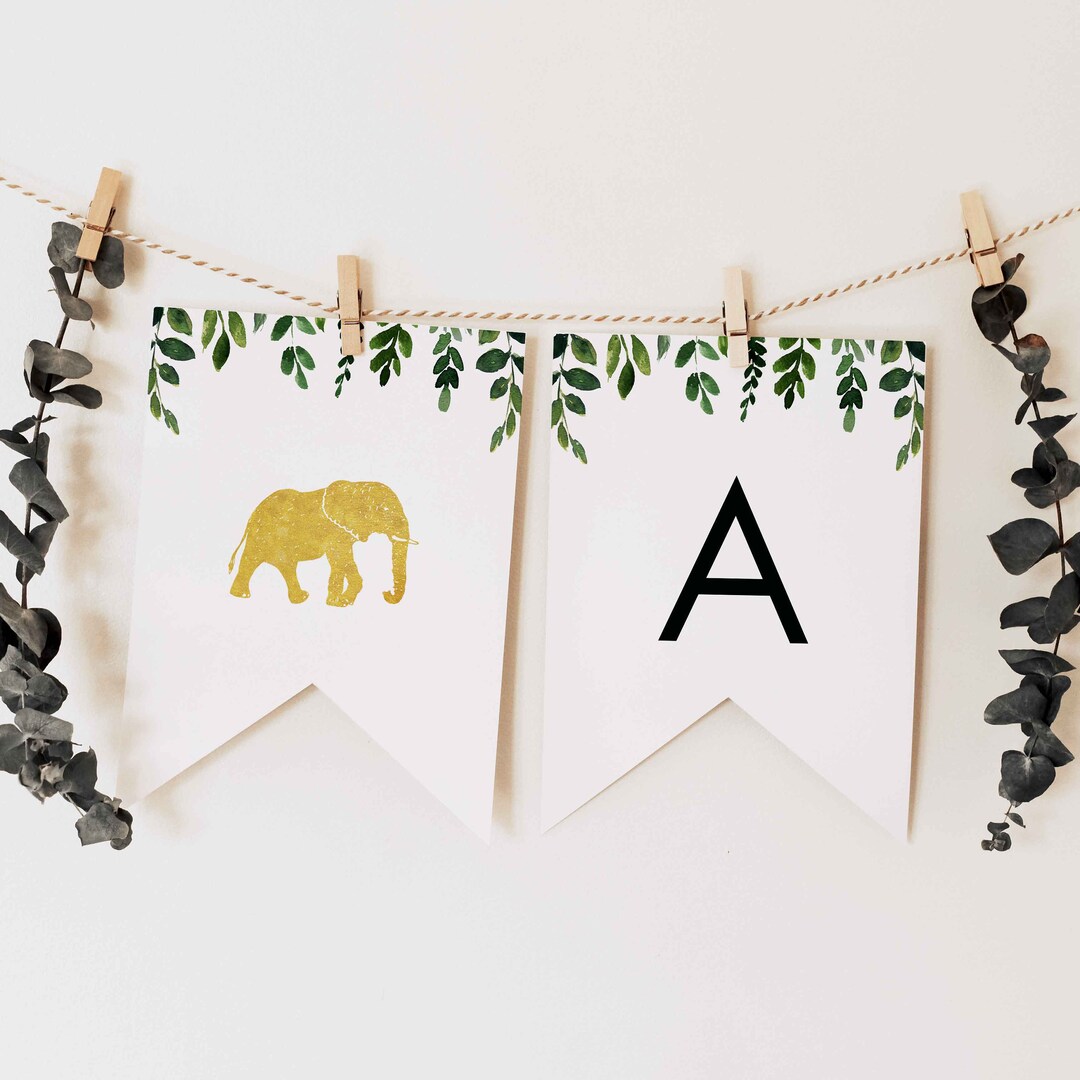 EDITABLE PDF, Greenery Banner, Baby Shower Flag Banner, Leaves, Gold ...