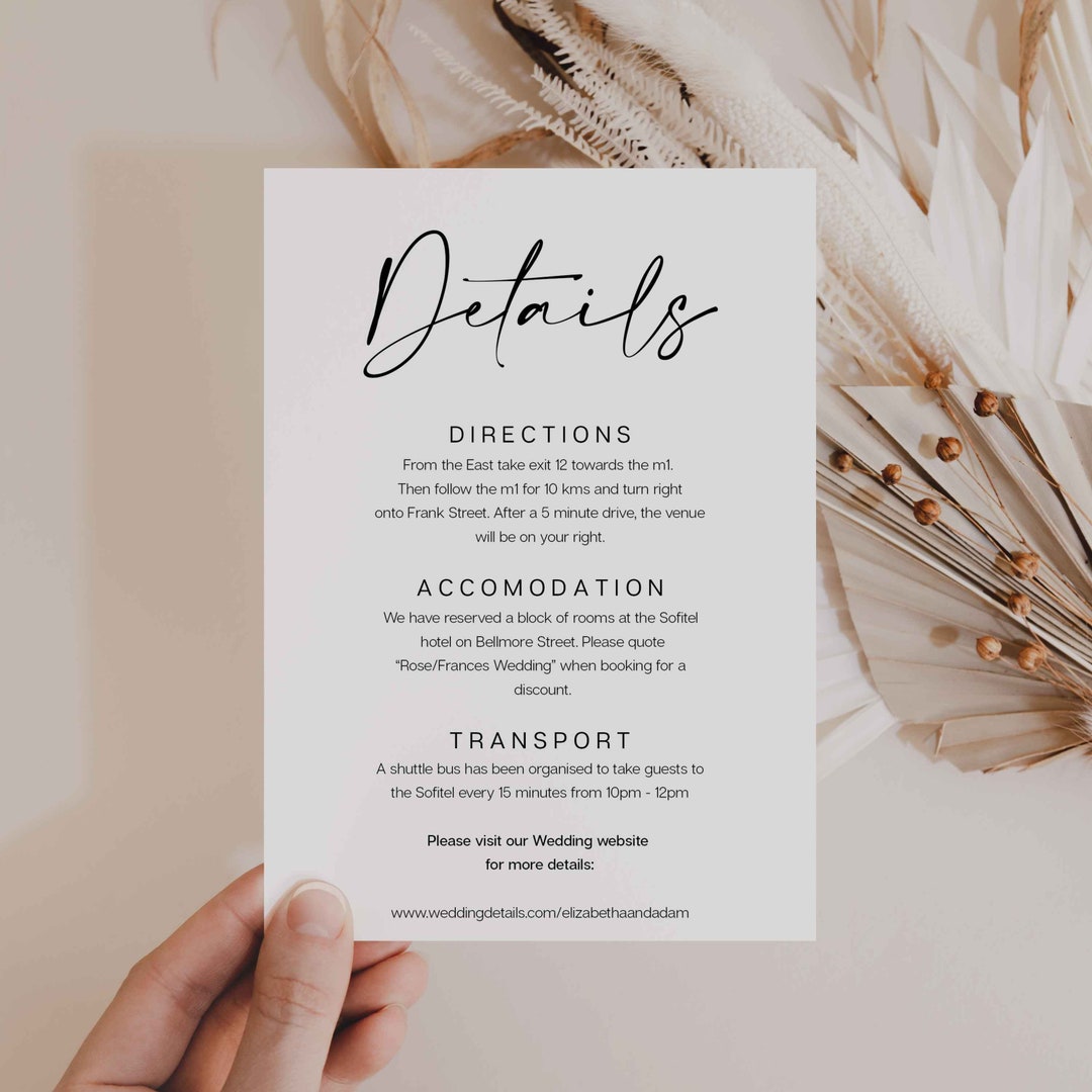 EDITABLE PDF, Wedding Details Card, Accommodation Information, Info ...