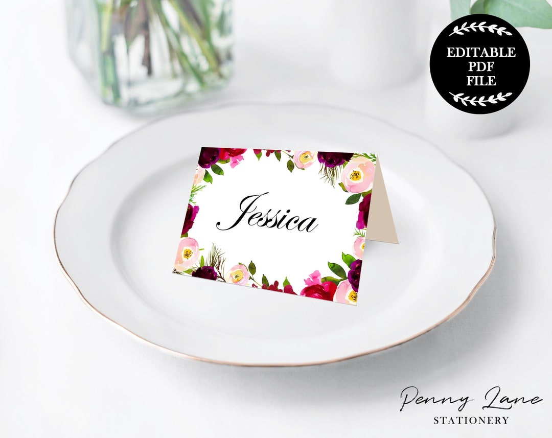 EDITABLE PDF, Red Floral Place Cards, Wedding Name Cards, Folded Name ...