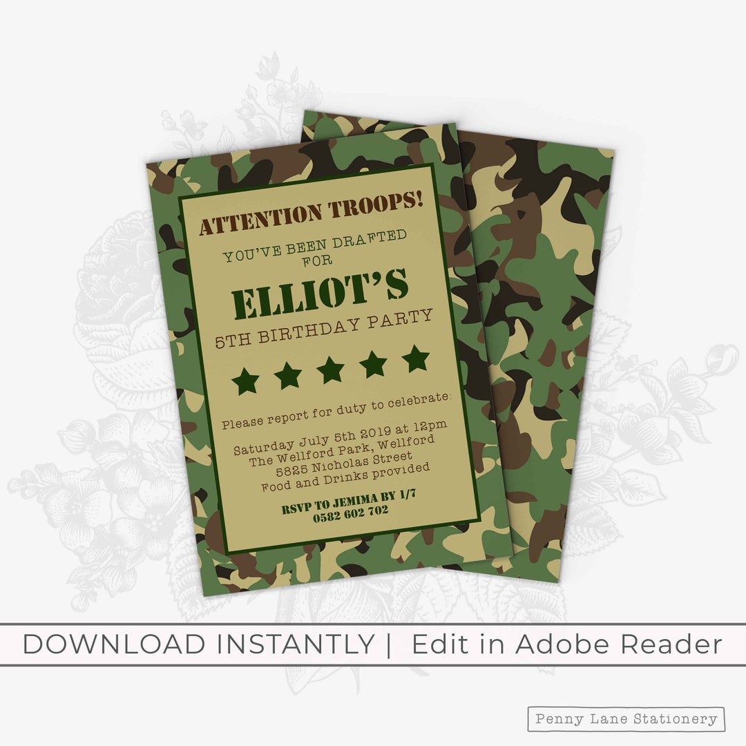 EDITABLE PDF Army Invitation Army Party Invites Camo - Etsy