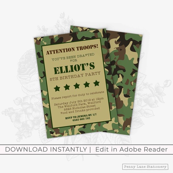 EDITABLE PDF, Army Invitation, Army Party Invites, Camo Invite ...