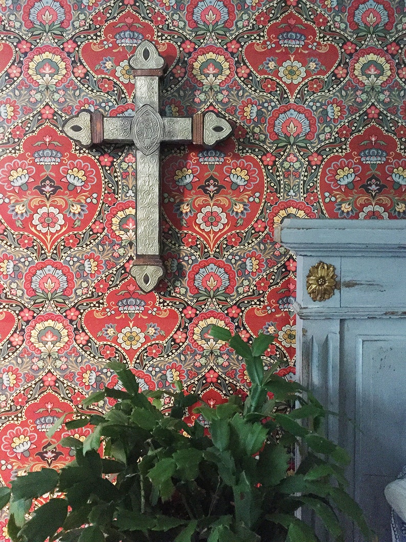 Frieda Wallpaper Sheets Red Boho Pre-pasted Wallpaper | Removable ...