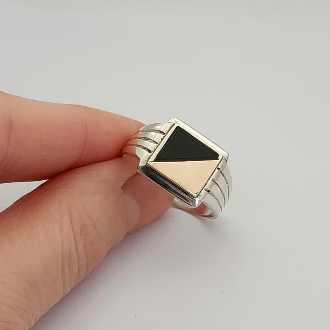 Vintage 875 Sterling Silver 9k Gold Black Onyx Signet Ring - Size 12.5 ...