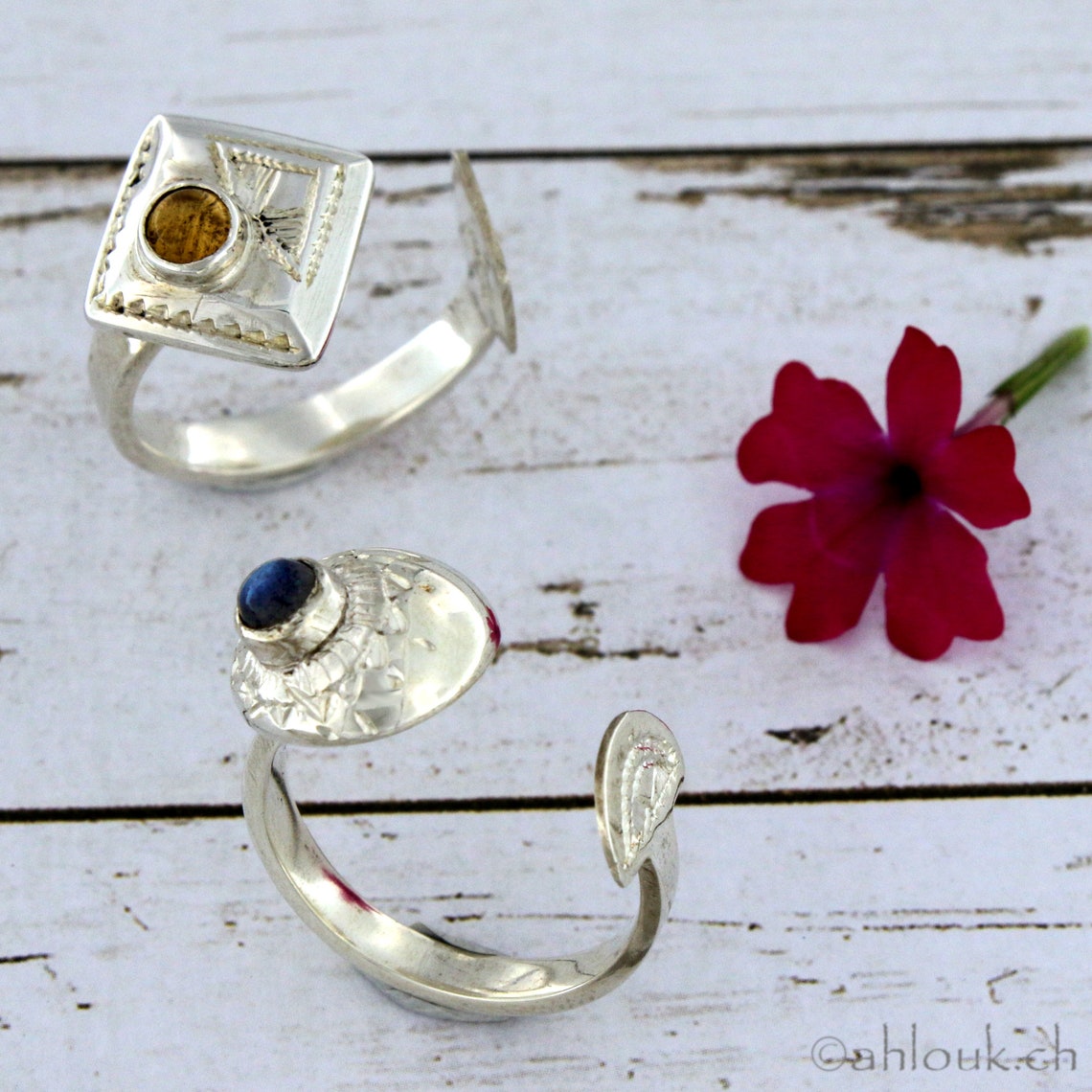Adjustable Open Ring, Sterling Silver and Natural Stone, Tuareg ...