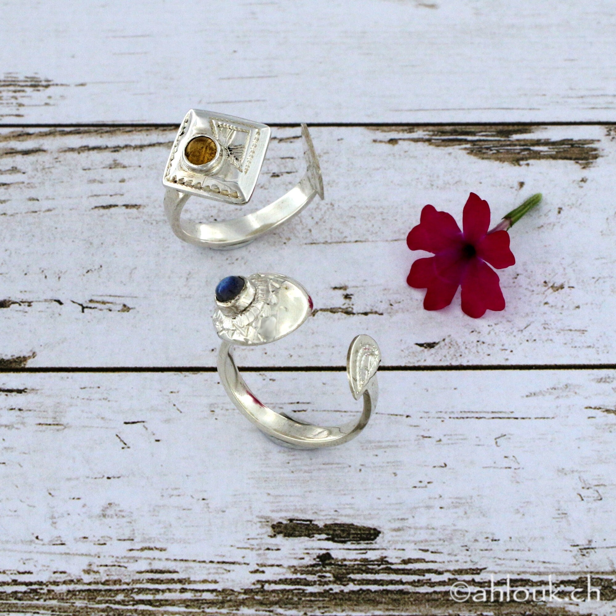 Adjustable Open Ring, Sterling Silver and Natural Stone, Tuareg ...