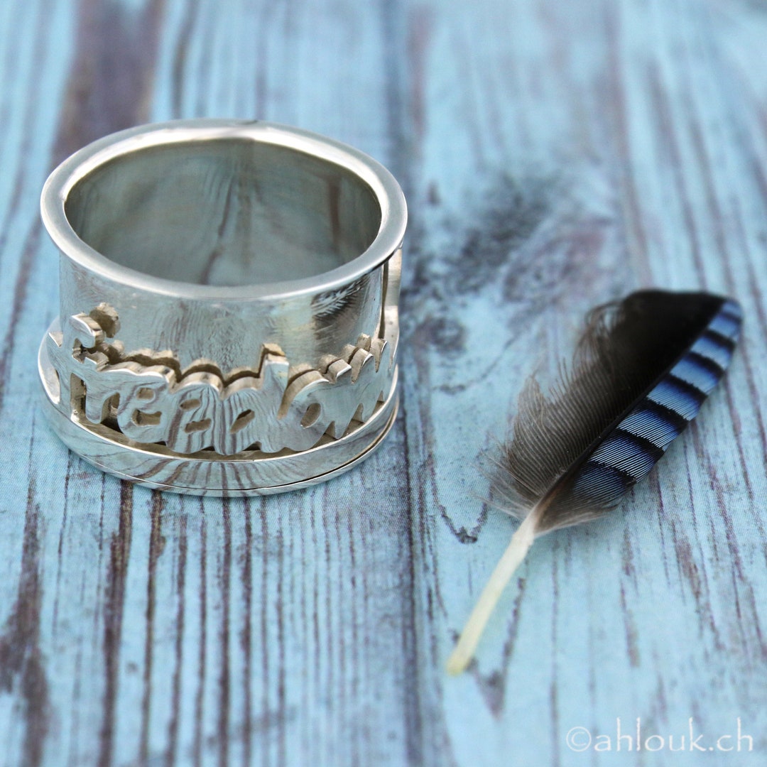 Spinner Ring in Sterling Silver, Wide Band Ring, Word "freedom ...