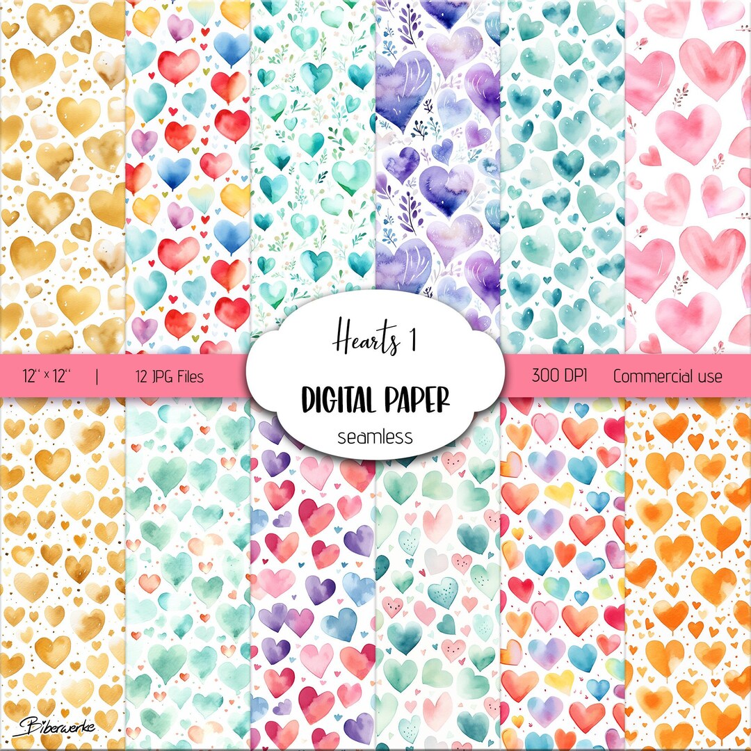 Digital Paper Hearts 1 - Seamless Commercial Use Watercolor Scrapbook ...