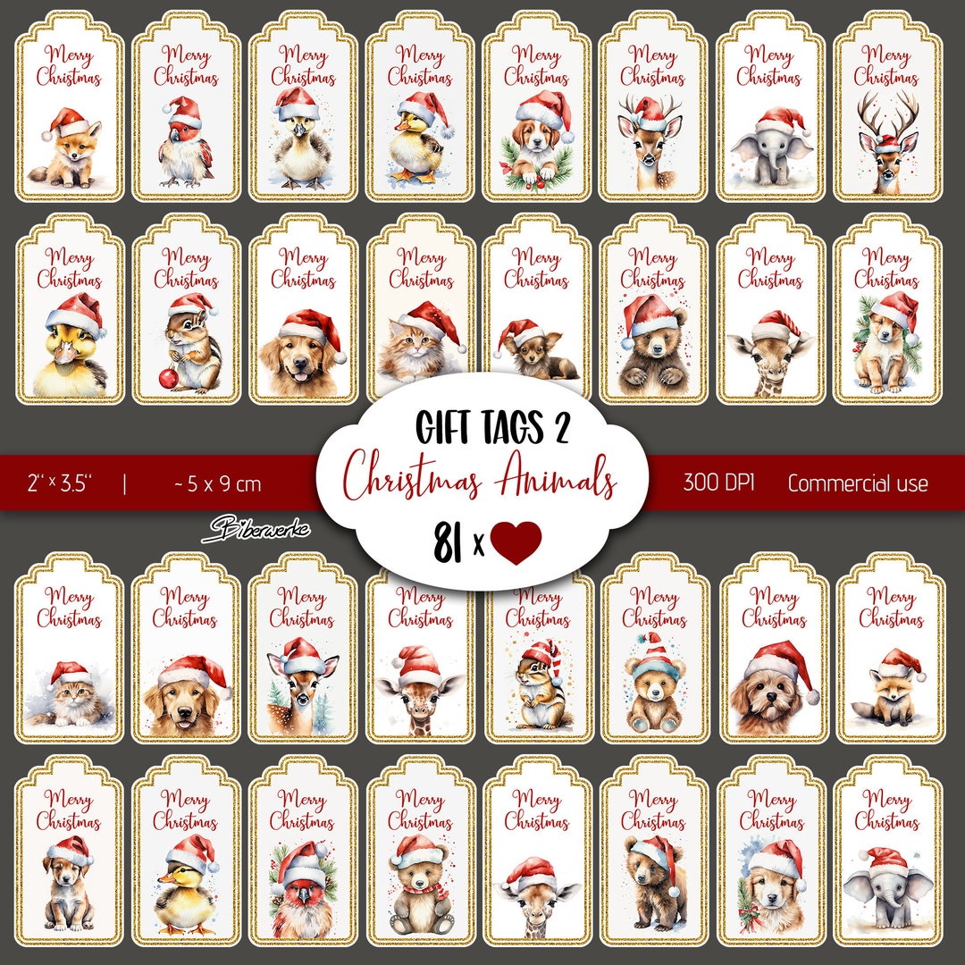 Christmas Animal Gift Tags PNG Commercial Use Watercolor Bears Birds ...