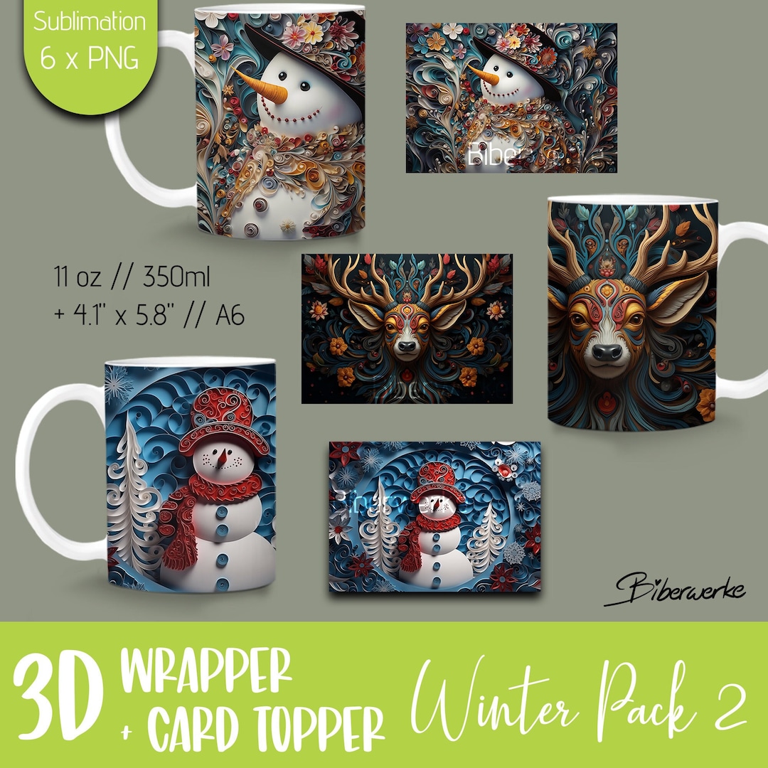 3D 11oz Mug Wrapper Winter 2 PNG Commercial Use Deer Snowman - Etsy