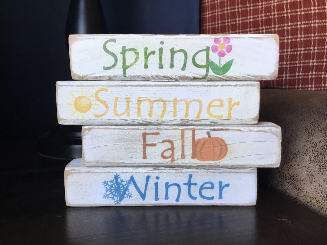 Seasons of the Year, Spring, Summer, Fall, Winter Wood Block Decoration ...