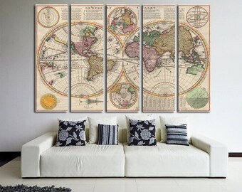 Vintage world map canvas set printed on canvas for wall | Etsy