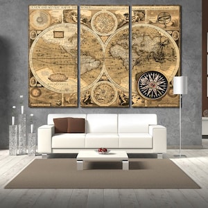 Vintage world map canvas set printed on canvas for wall | Etsy