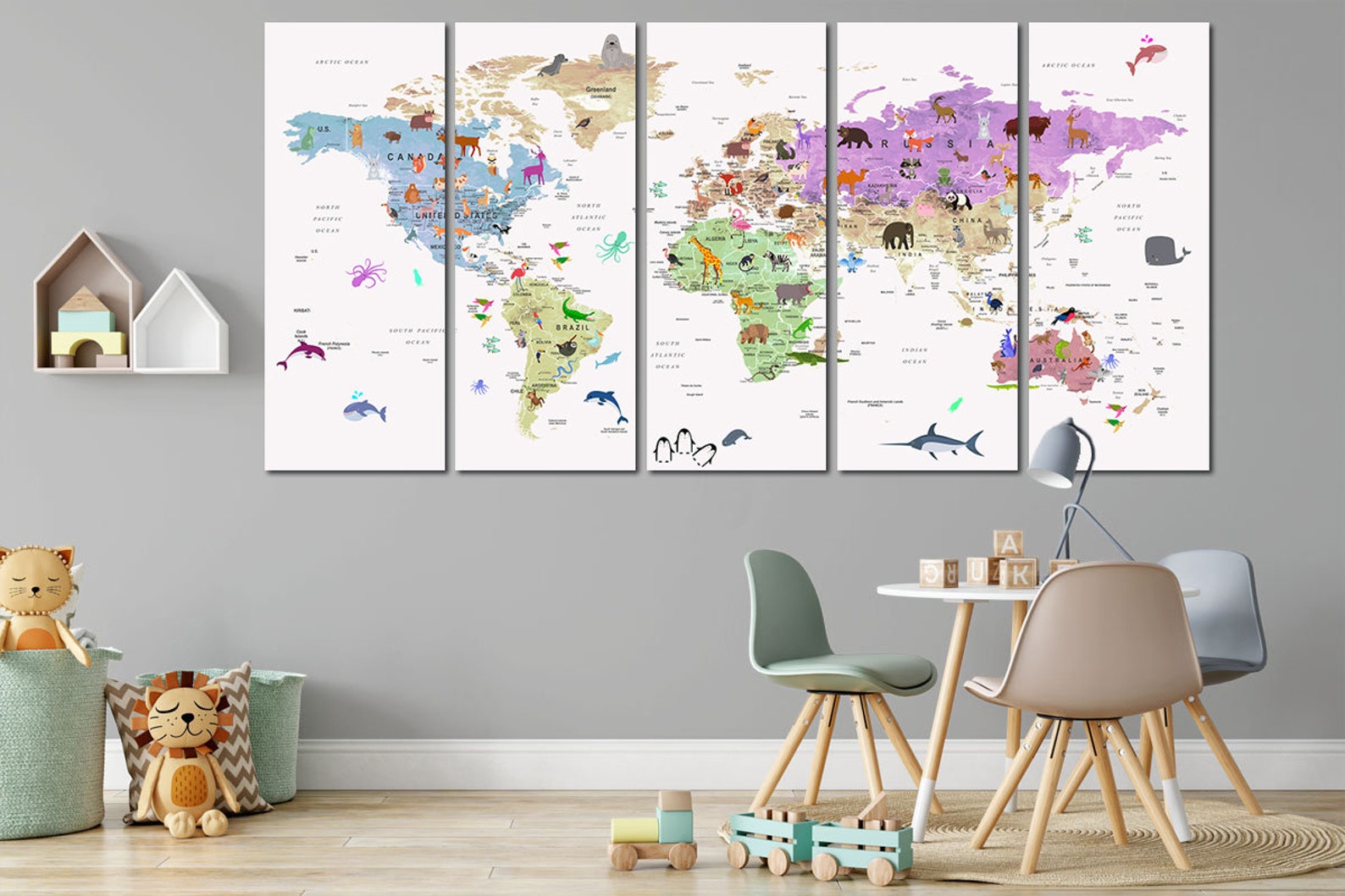 Push Pin World Map Cute Animals Art Prints Kids World Map Art - Etsy