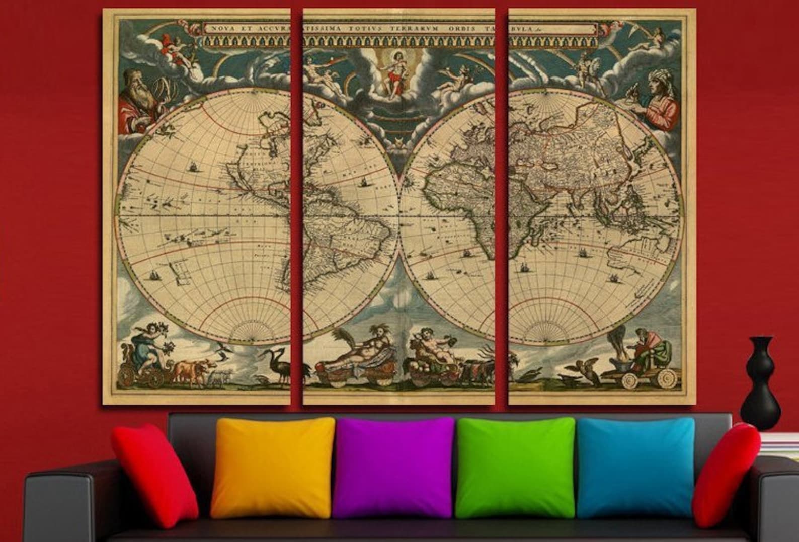 Vintage world map wall art canvas set. Antique world map wall | Etsy