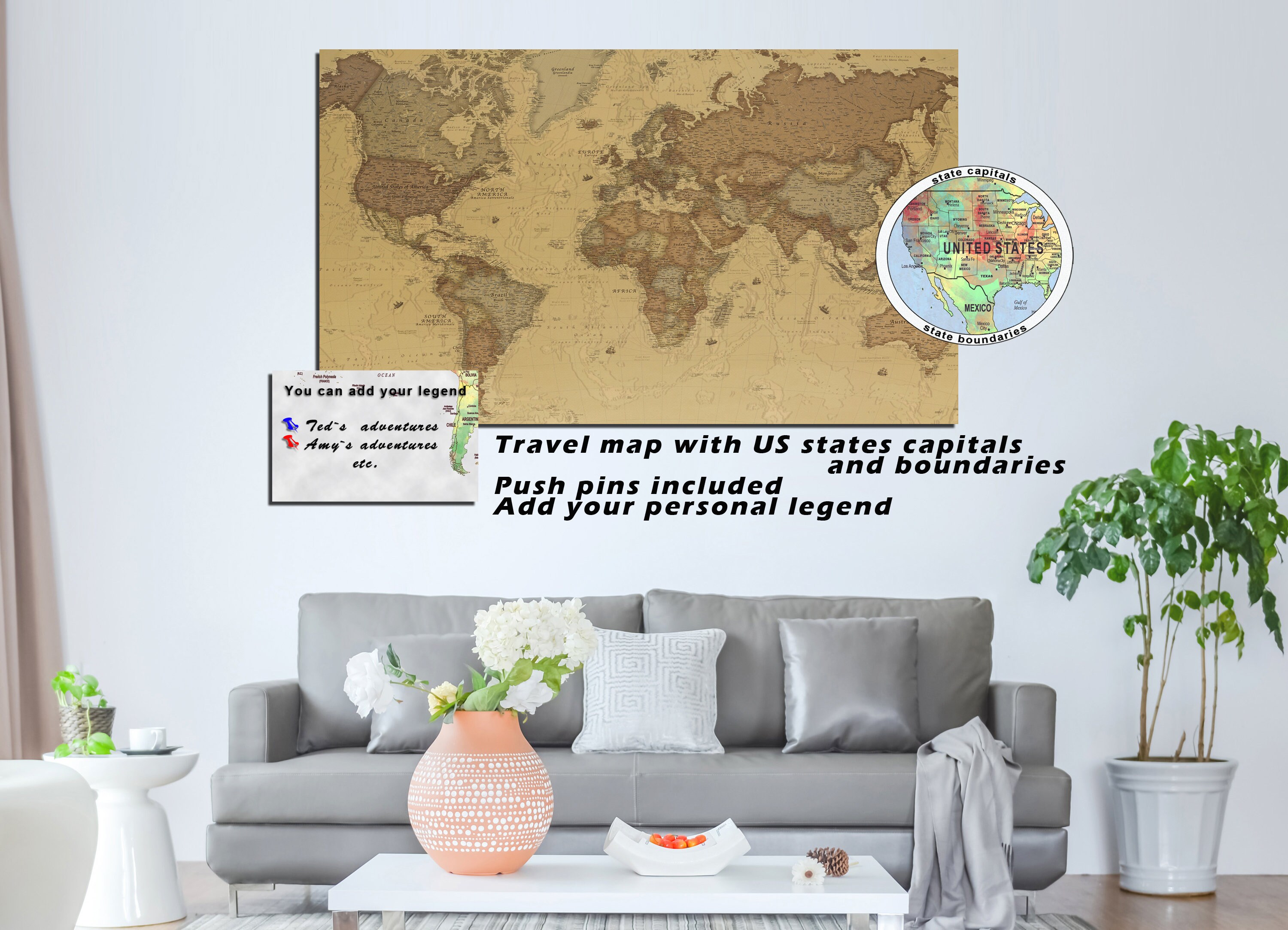 Push Pin World Map on Canvas for Wall Decor. Travel Map Wall Art. Push ...