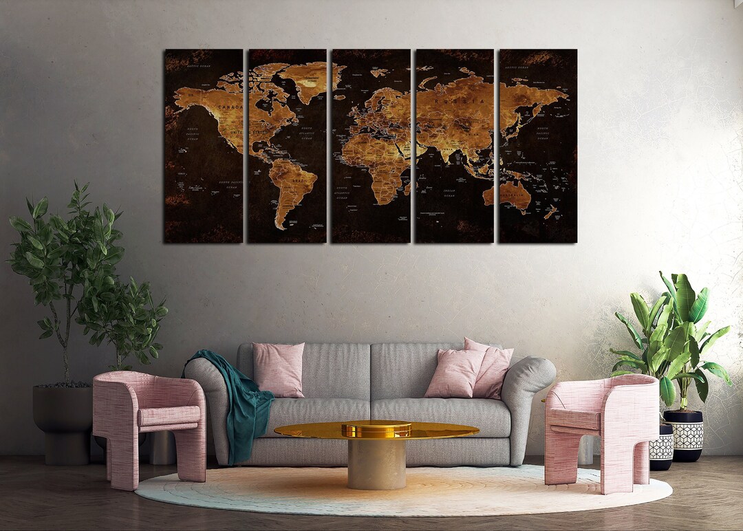Push Pin World Map Canvas Set for Wall Decoration. Travel Map for Mark ...