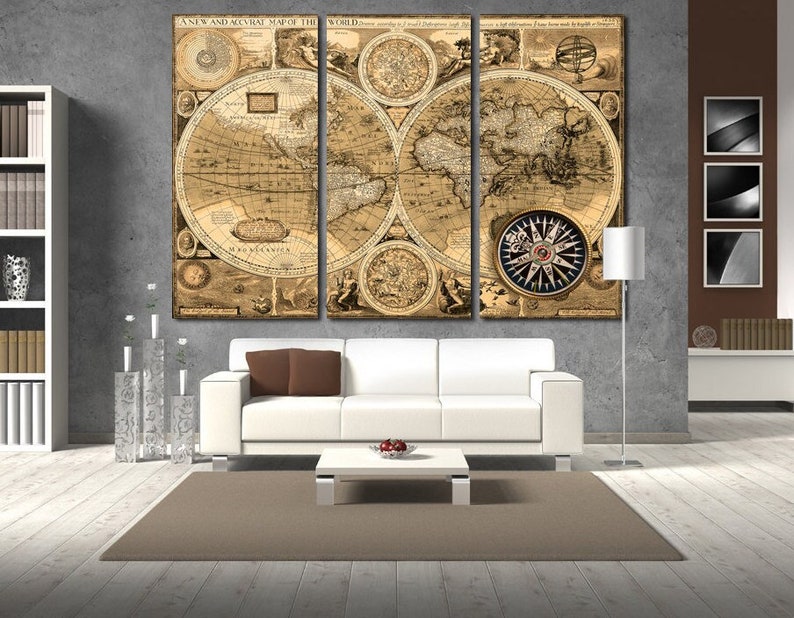 Vintage world map canvas set printed on canvas for wall | Etsy