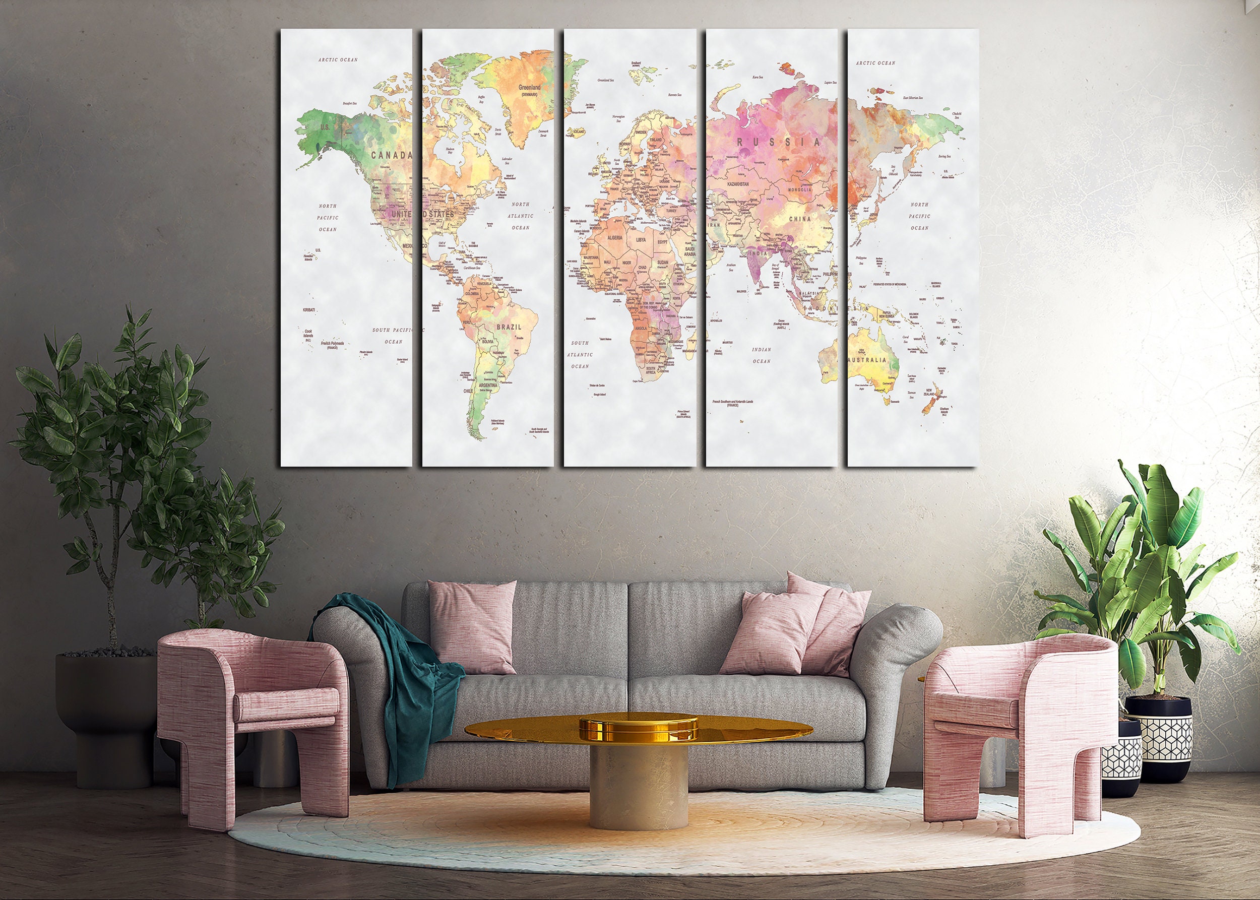 Modern Pink Push Pin World Map Printed on Canvas for Wall | Etsy