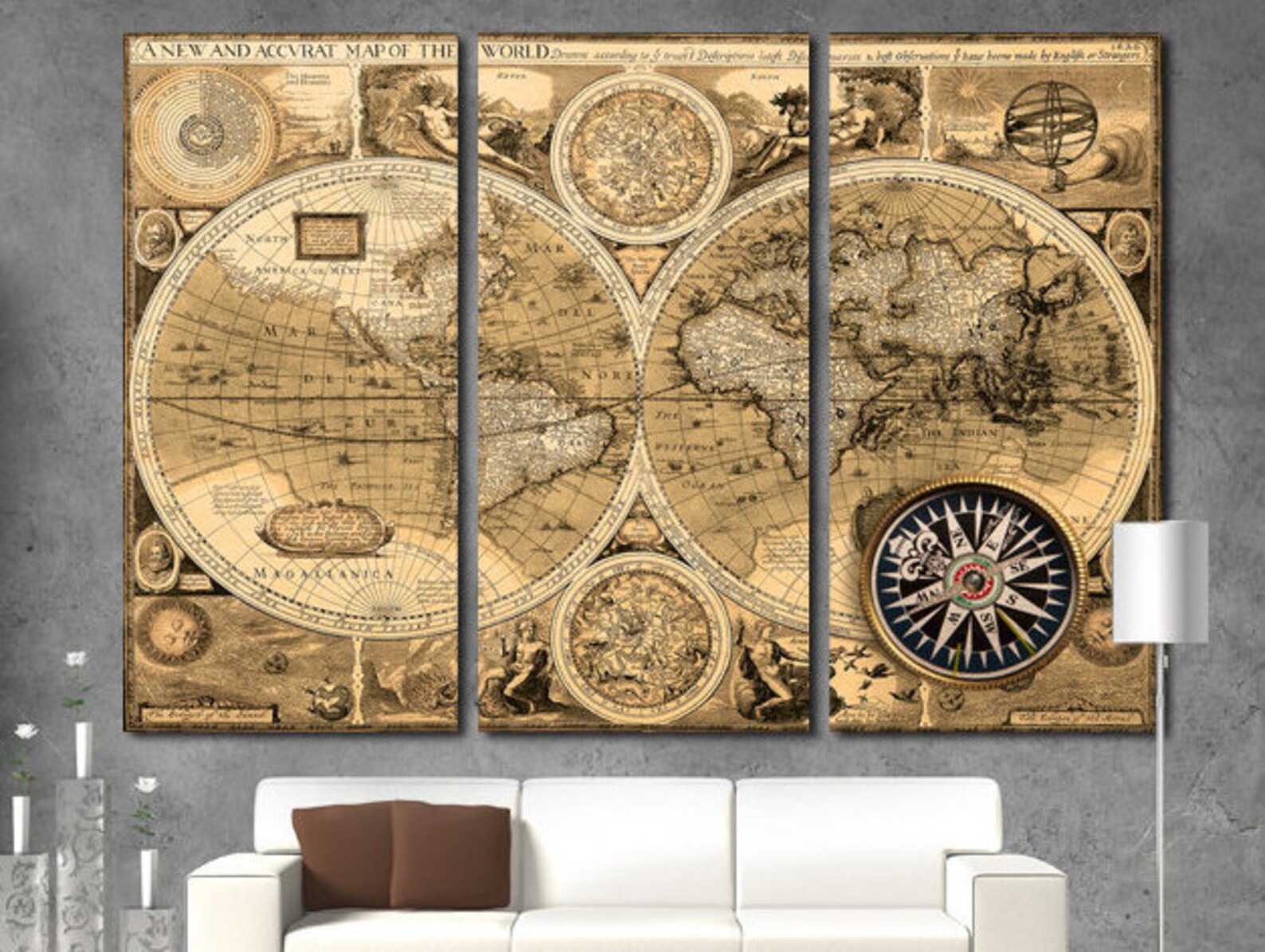 Vintage world map canvas set printed on canvas for wall | Etsy