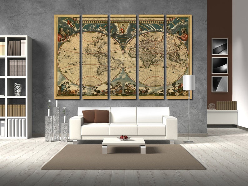 Vintage world map wall art canvas set. Antique world map wall | Etsy