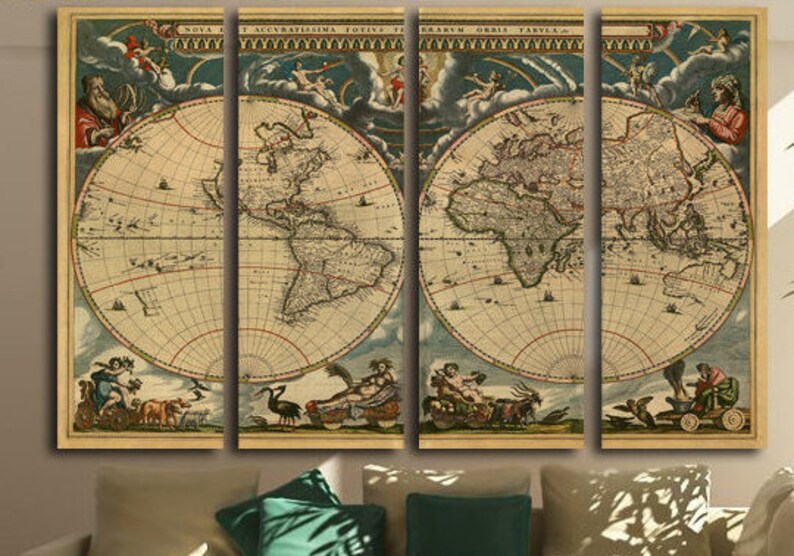 Vintage world map wall art canvas set. Antique world map wall | Etsy