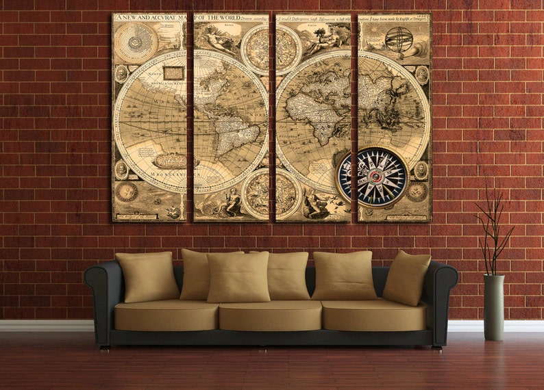 Vintage world map canvas set printed on canvas for wall | Etsy