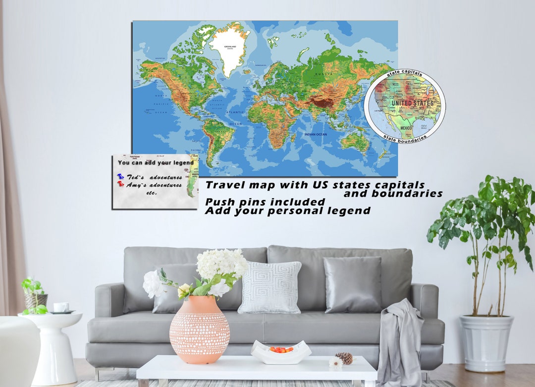 Push Pin World Map on Canvas for Wall Decor. Travel Map Wall Art. Push ...