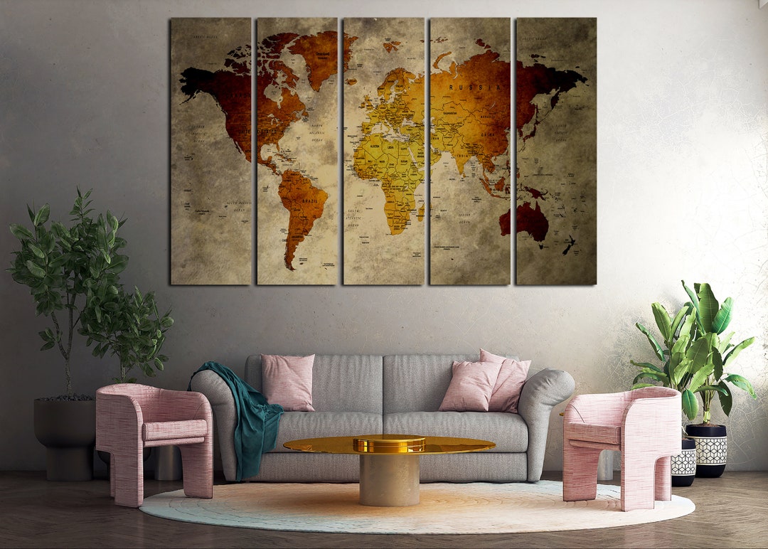 Push Pin World Map Printed on Canvas for Wall Decor Cool Decoration for ...