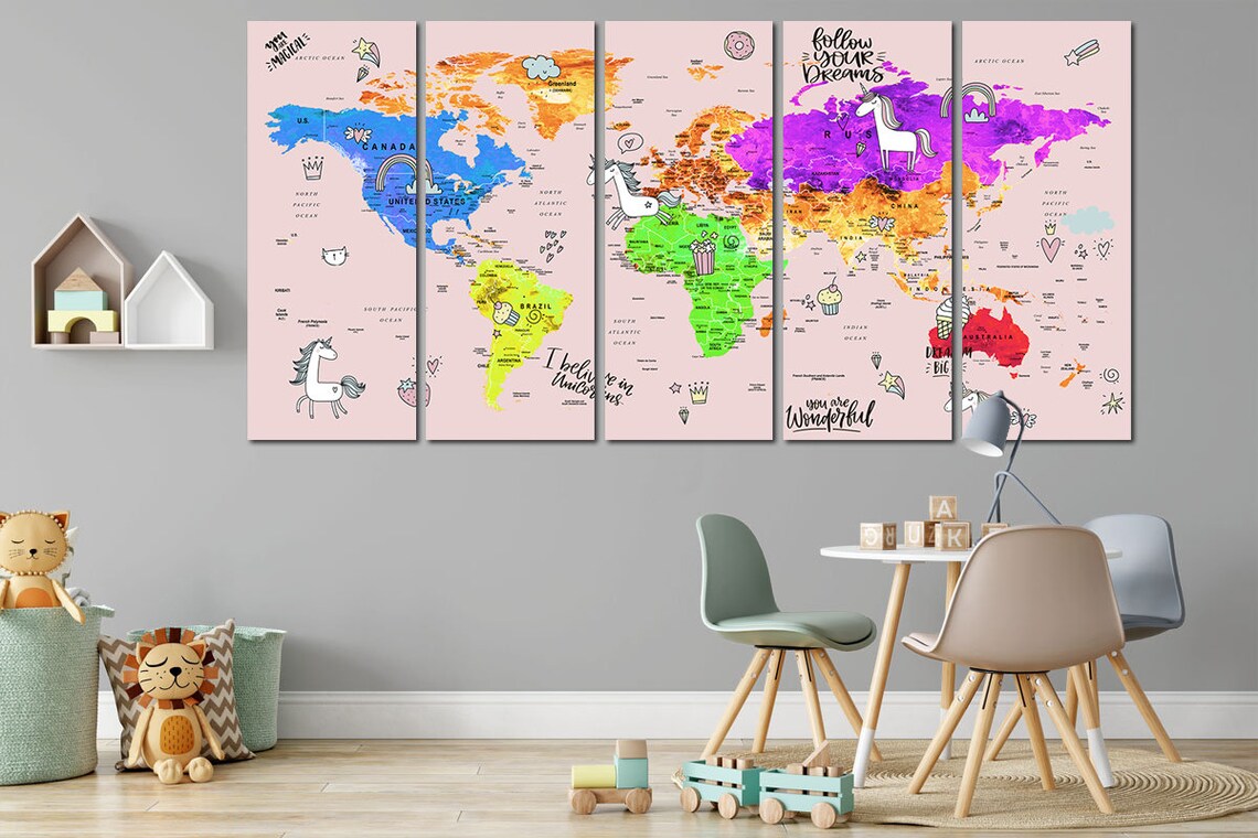 Large world map for kids room printed on canvas Kids world map | Etsy