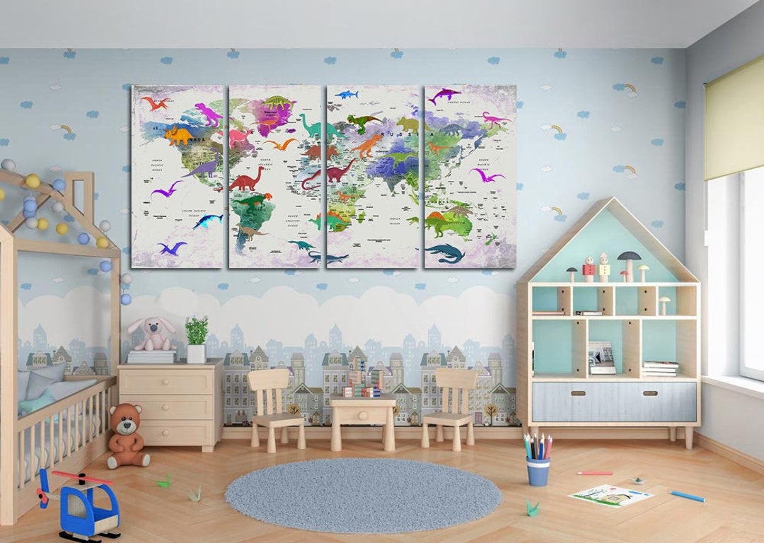 Dinosaur World Map Canvas Print: Kids Nursery Decor, Modern Atlas Art ...