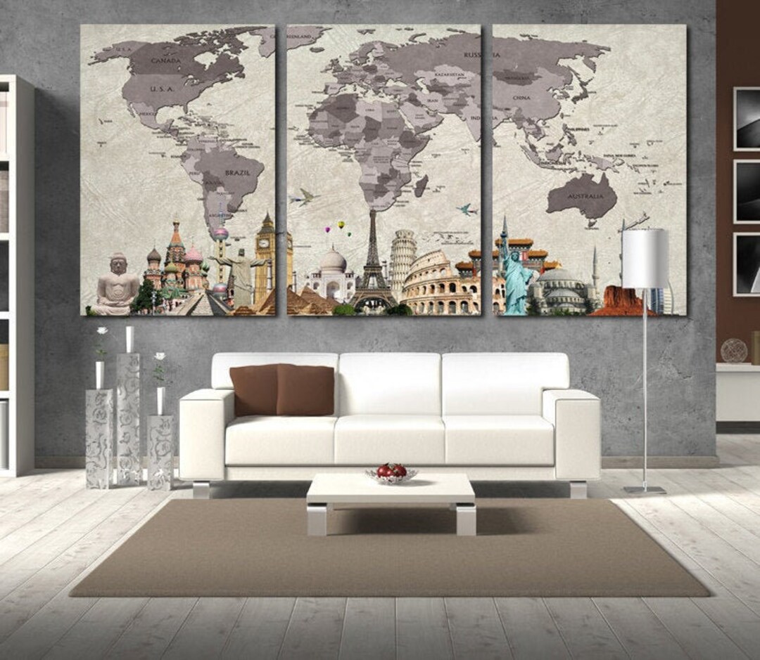 Colorful Push Pin World Map With Sights Printed on Canvas for Wall ...