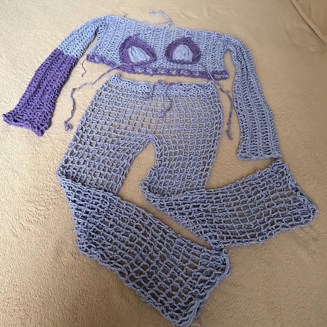 3 Piece Crochet Pants Set Fishnet Festival Clothing Long Sleeve Crop ...