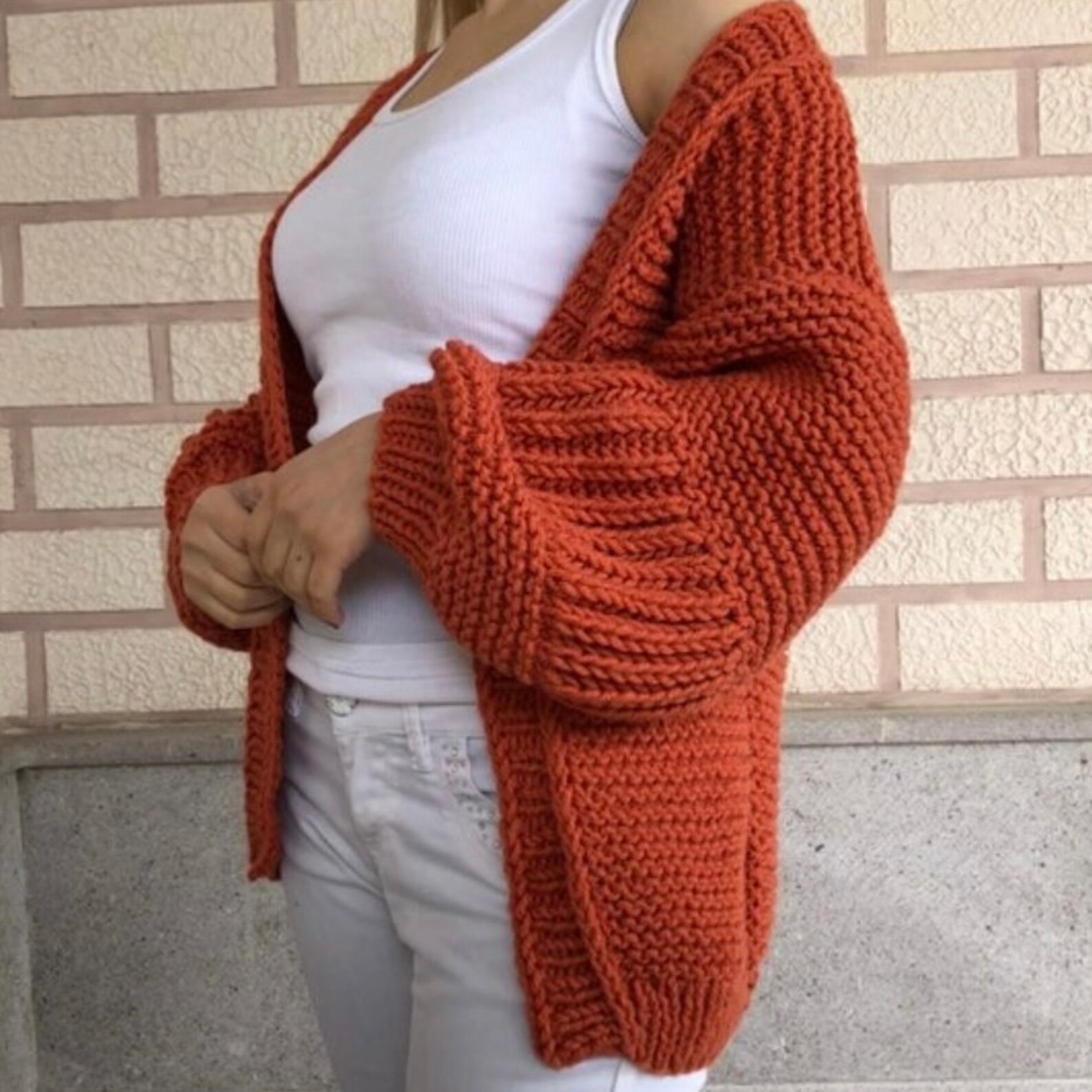 Chunky Knit Ripped Cardigan Thick Open Front Puff Sleeves Cardigan ...