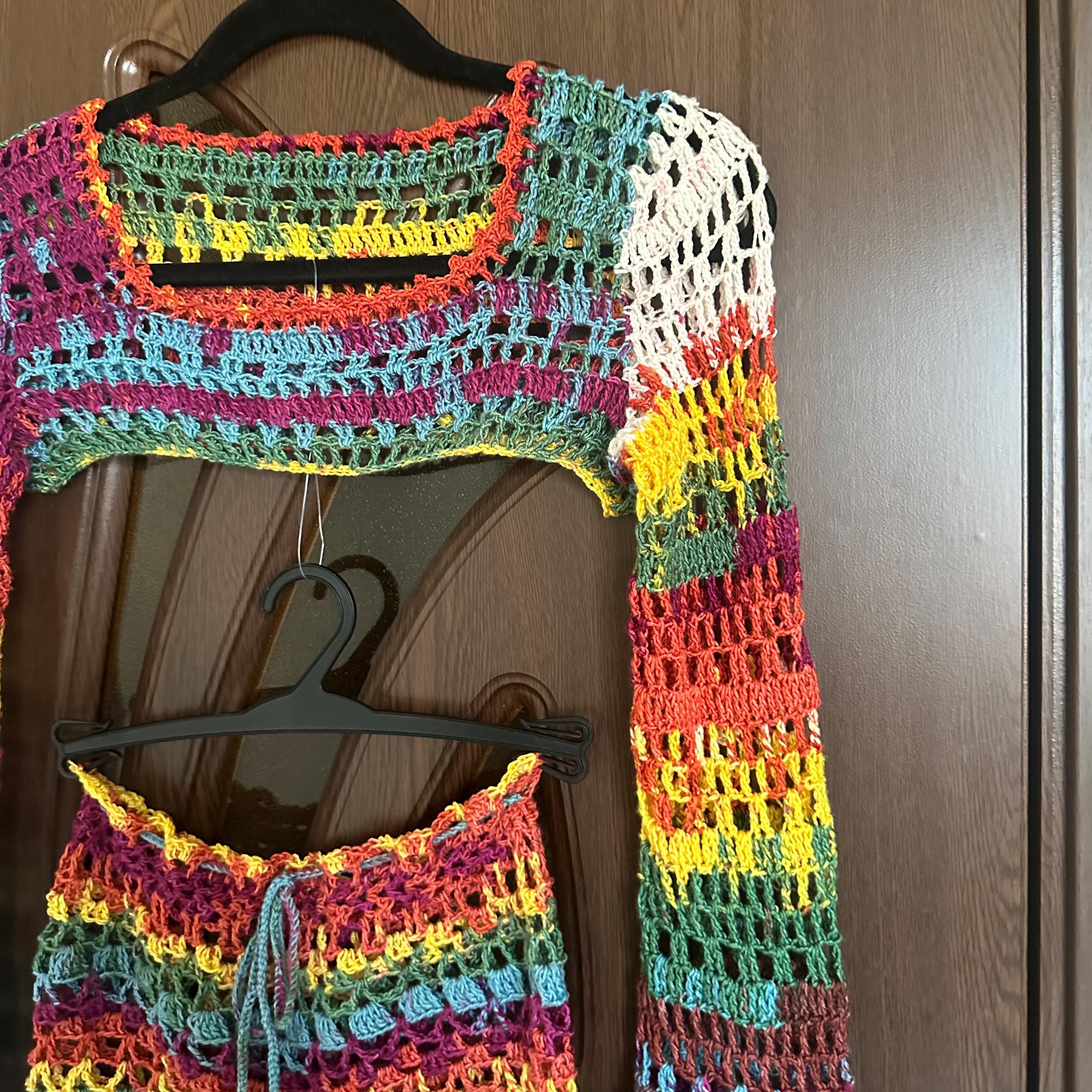 Vibrant Colors 2 Pcs Crochet Outfit Woman Flared Long Bell Sleeve Crop ...