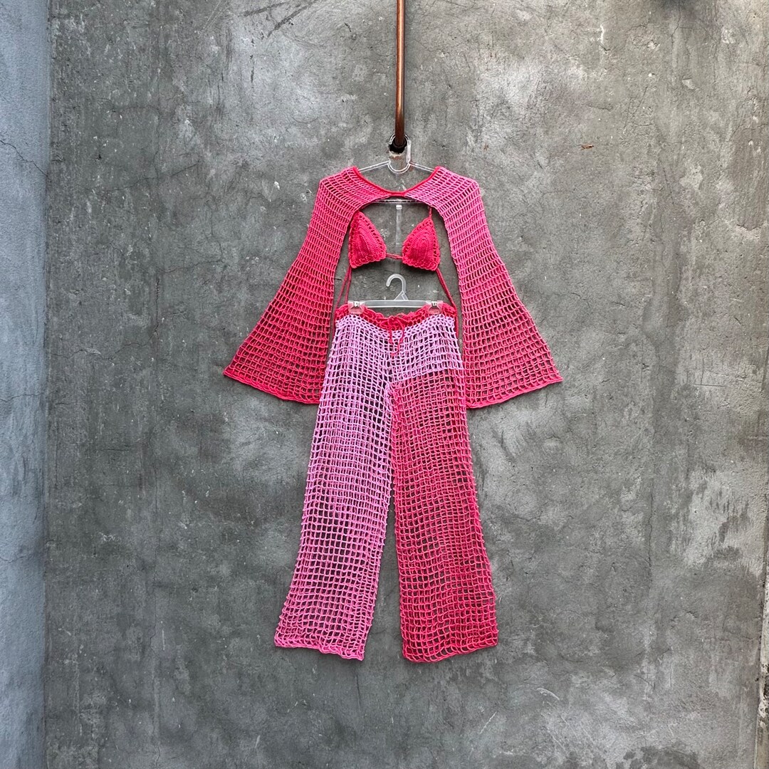 Y2K 3 Piece Cover up Beach Crochet Set Fishnet Summer Festival Outfit ...