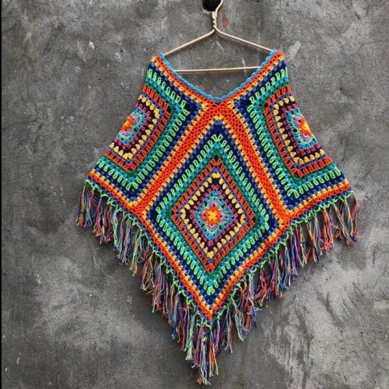 Festival Poncho Gender Neutral Multi Color Granny Square Fringe Wrap ...