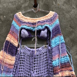 3 Pcs Crochet Outfit Woman Colorful Long Wide Sleeves Crop Top Bra and ...