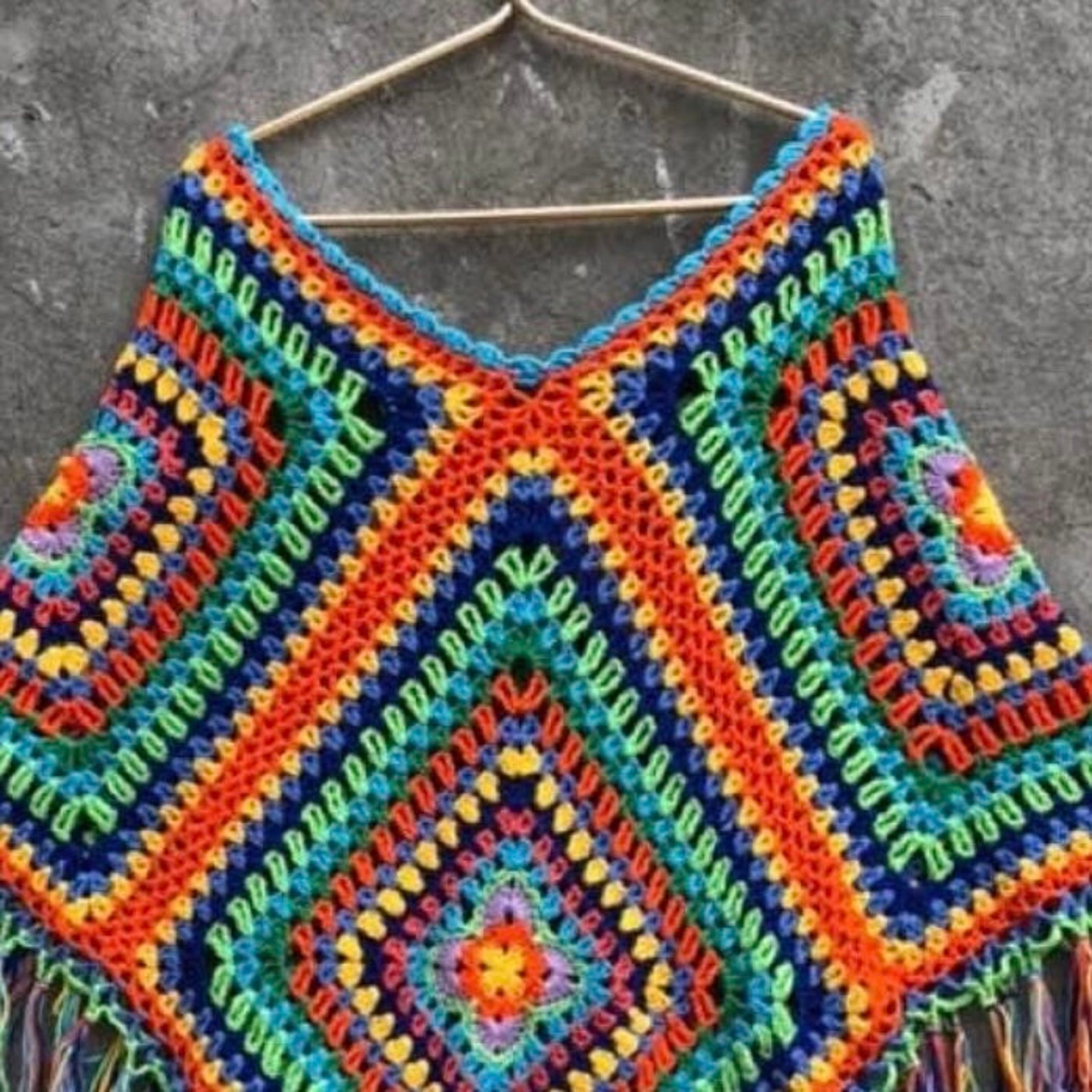 Festival Poncho Gender Neutral Multi Color Granny Square Fringe Wrap ...