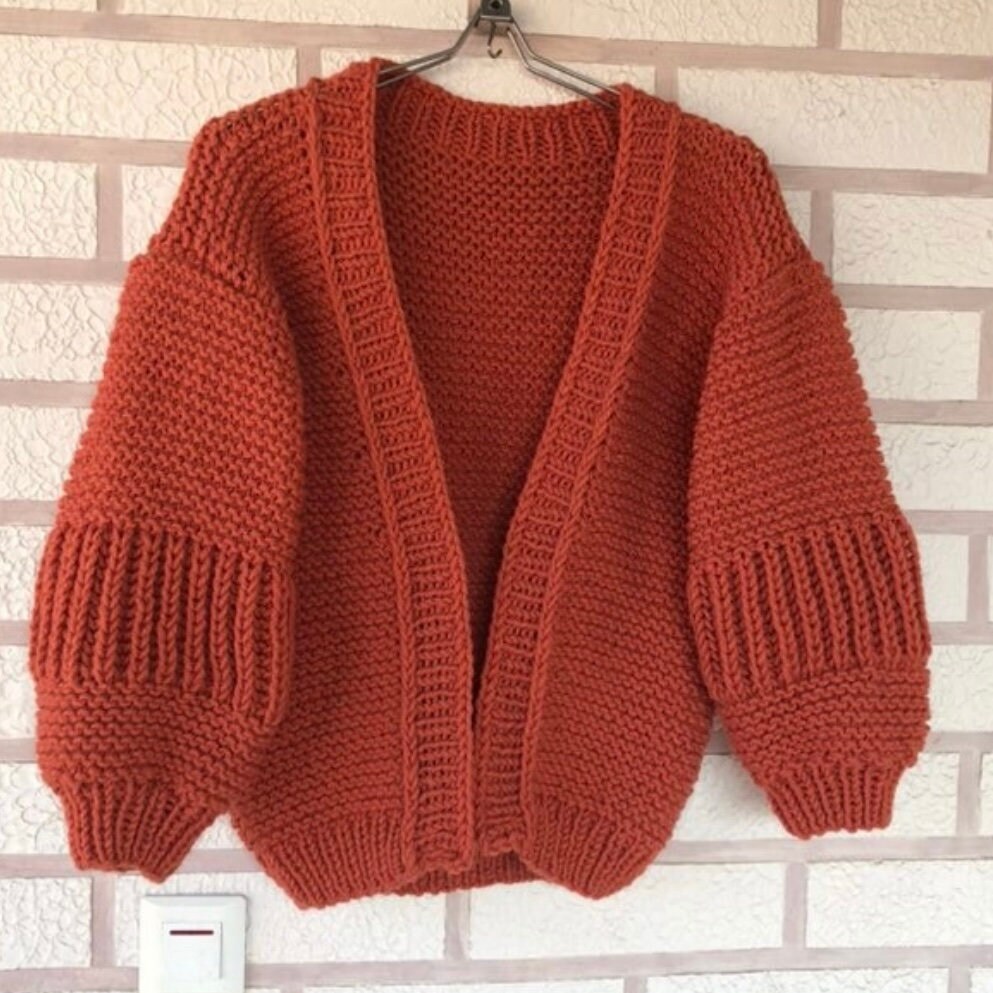 Chunky Knit Ripped Cardigan Thick Open Front Puff Sleeves Cardigan ...