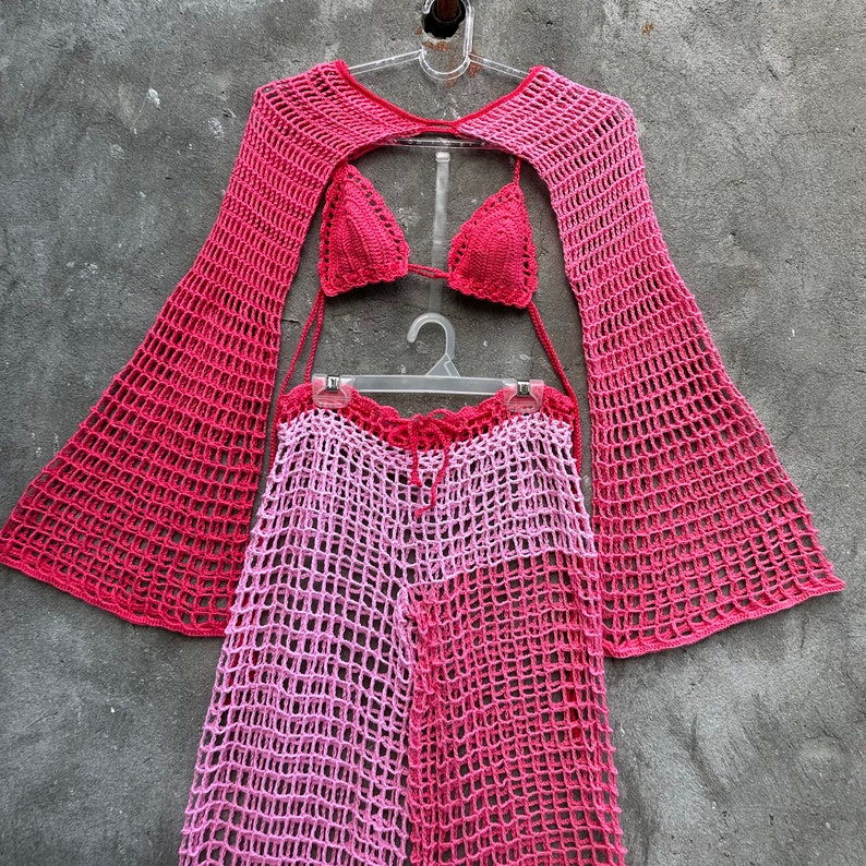 Y2K 3 Piece Cover up Beach Crochet Set Fishnet Summer Festival Outfit ...