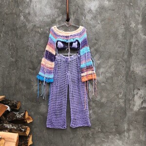 3 Pcs Crochet Outfit Woman Colorful Long Wide Sleeves Crop Top Bra and ...