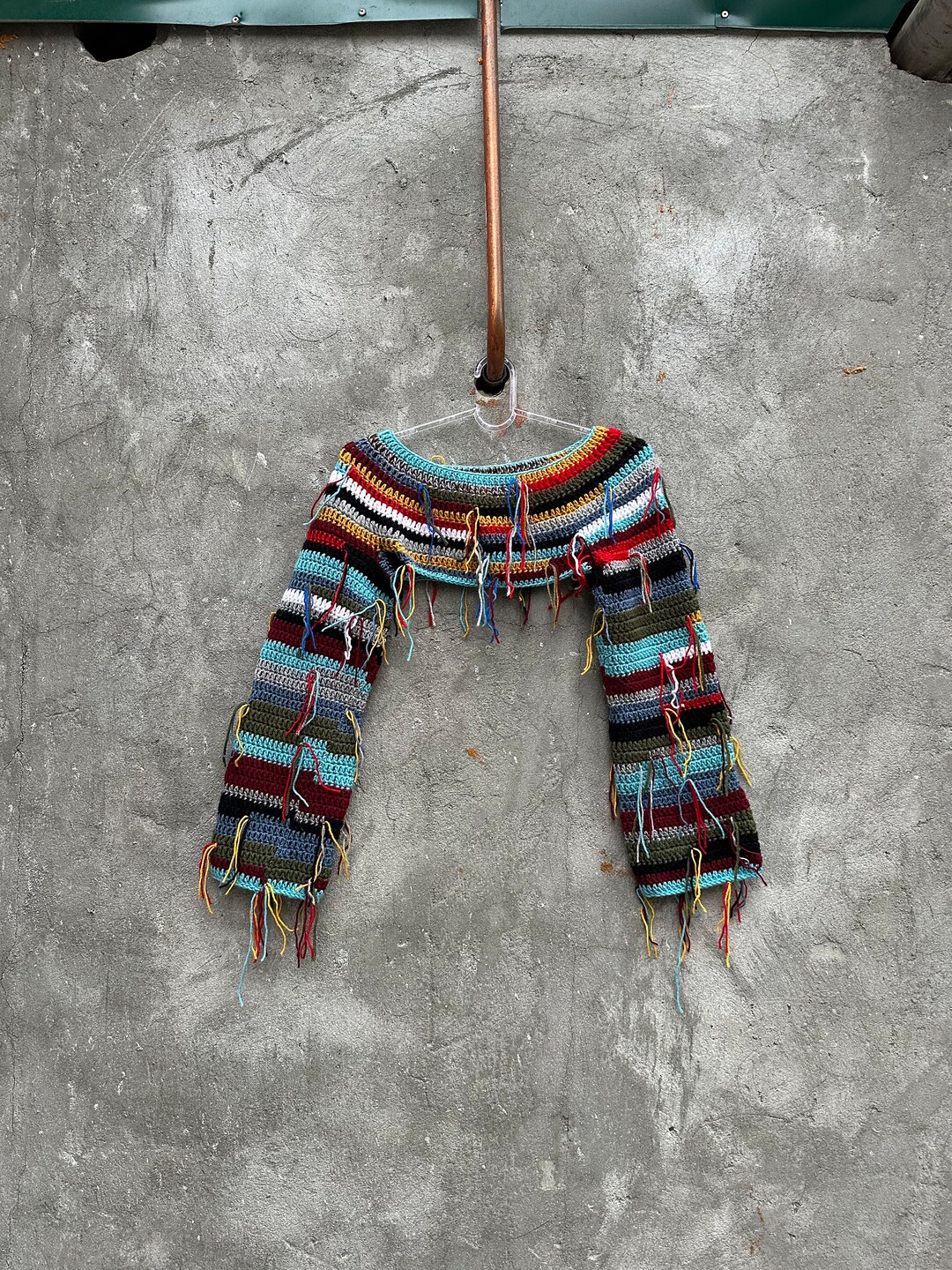 Extra Cropped Long Sleeve Top With Yarn Tassels Colorful Stash Sweater ...